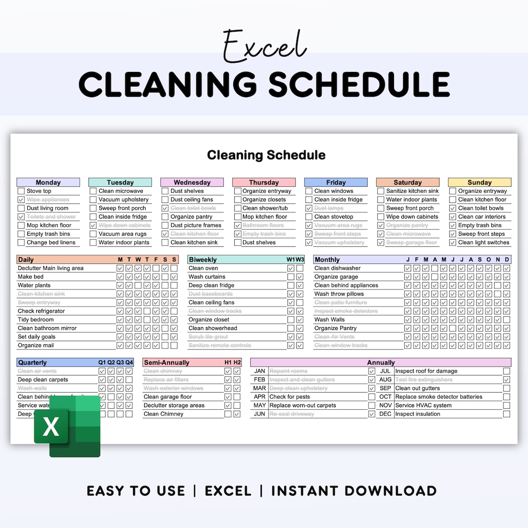 Digital Cleaning Schedule Excel Cleaning Checklist for Daily, Weekly ...
