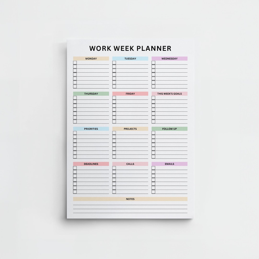Weekly Work Planner Printable Colorful 5 Day Checklist (PDF Download ...