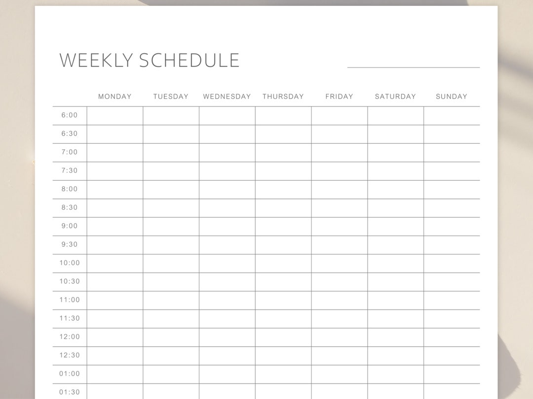 Printable Weekly Schedule, Minimalist Daily Planner, Half Hourly Agenda ...