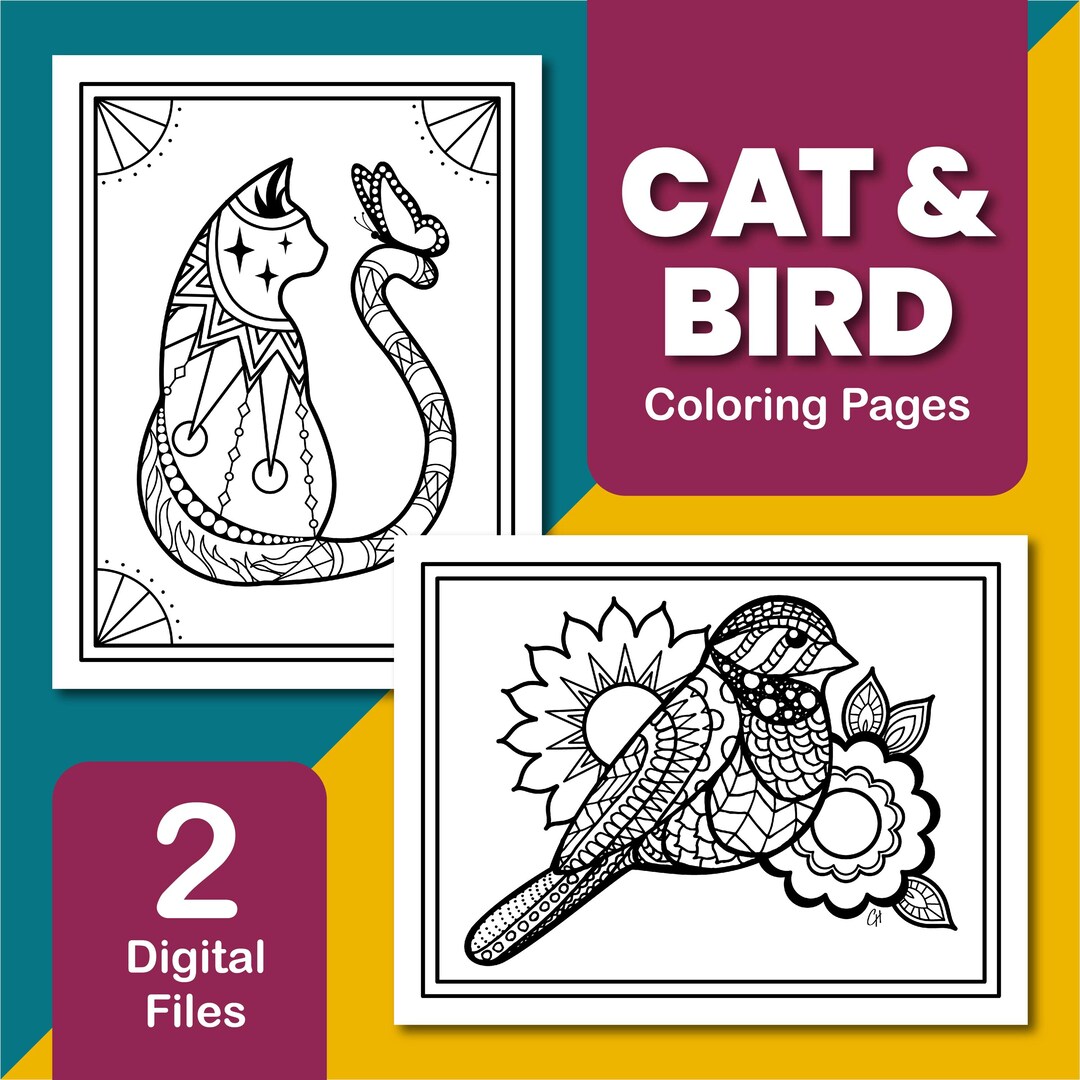 2 Printable Coloring Pages | Cat & Bird | Digital Download - Etsy