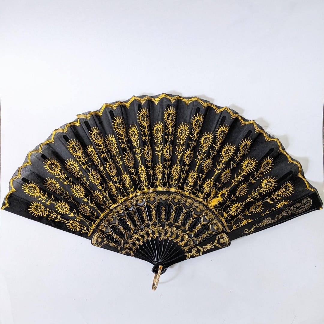 Vintage Black & Gold Hand Fan - Etsy