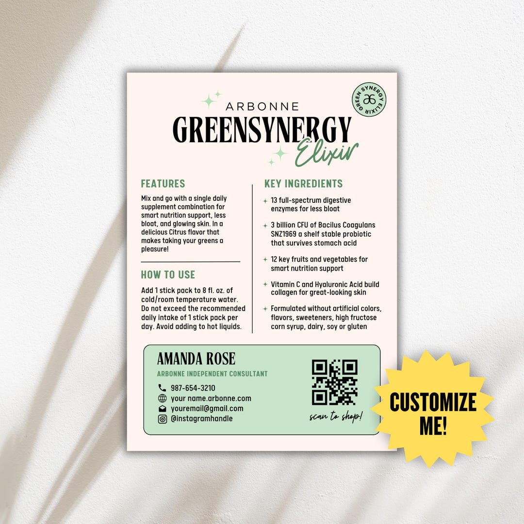 Arbonne Personalized Greensynergy Elixir Card | Customize Your Info ...