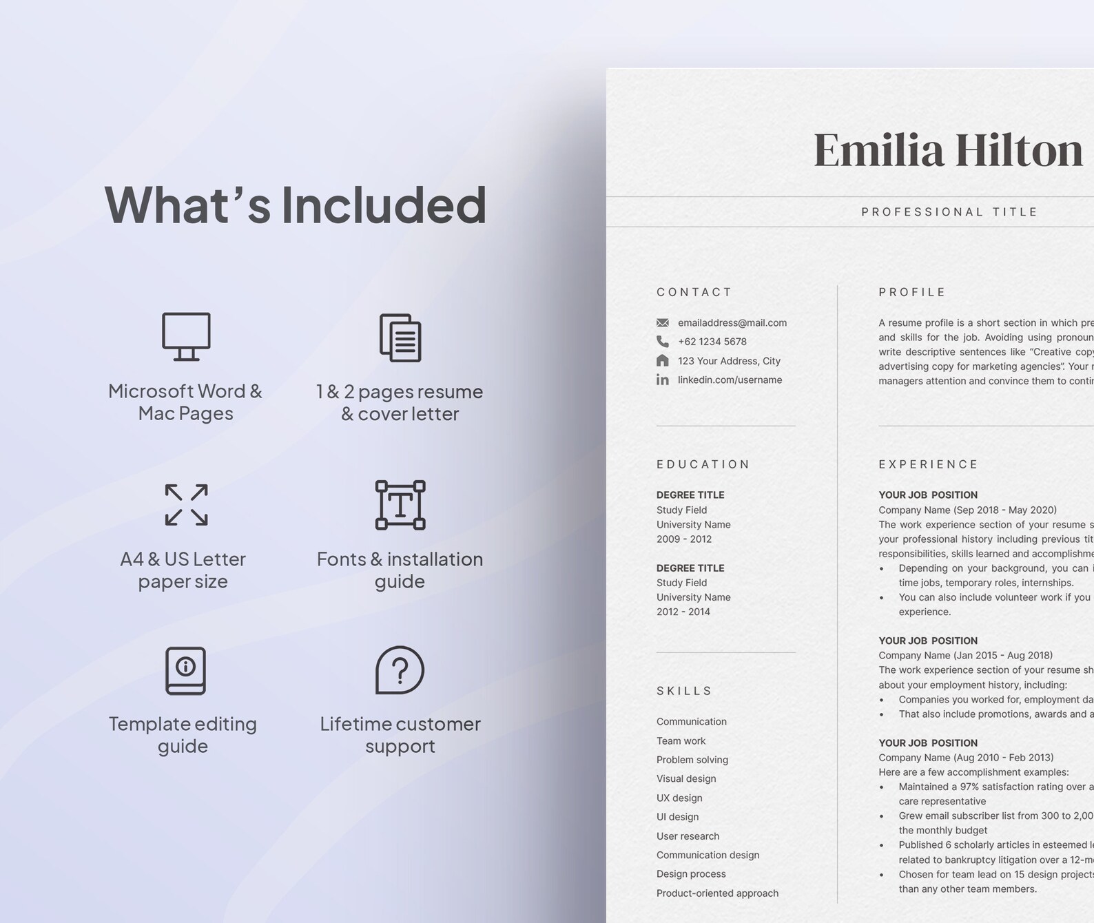 Modern Resume Template: Minimalist CV With Cover Letter (microsoft Word ...