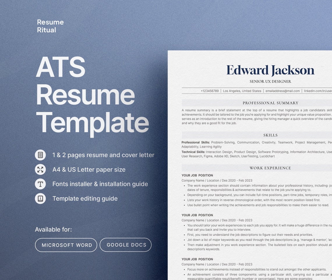 ATS Resume Template for Microsoft Word & Google Docs With Cover Letter ...