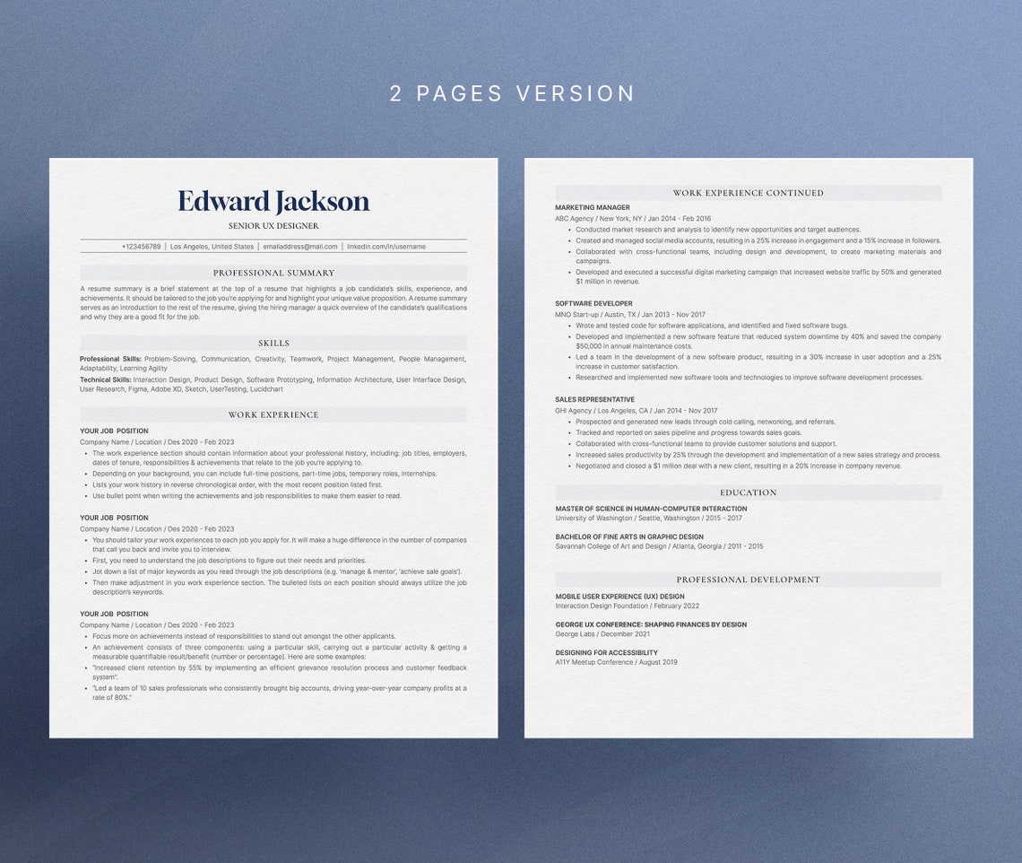 ATS Resume Template for Microsoft Word & Google Docs With Cover Letter ...