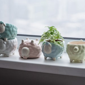 Sheep Ceramic Plant Pot, Green Animal Planter, Small Plant Pot, Cute ...