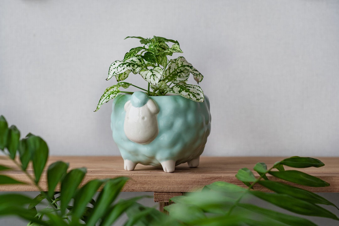 Sheep Ceramic Plant Pot, Green Animal Planter, Small Plant Pot, Cute ...