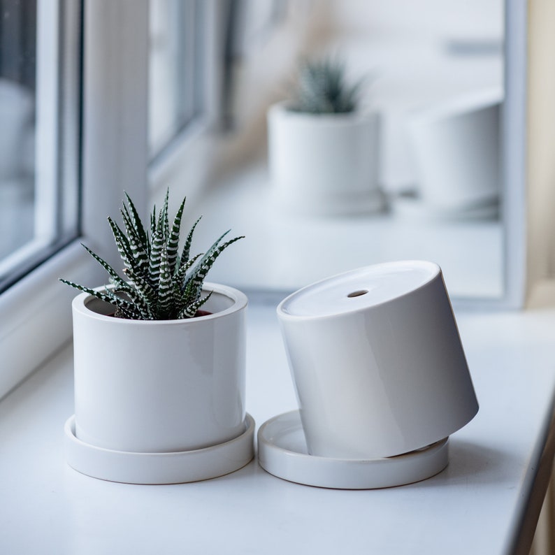 White Medium Ceramic Plant Pot 4 Inch Cylinder Minimalistic | Etsy