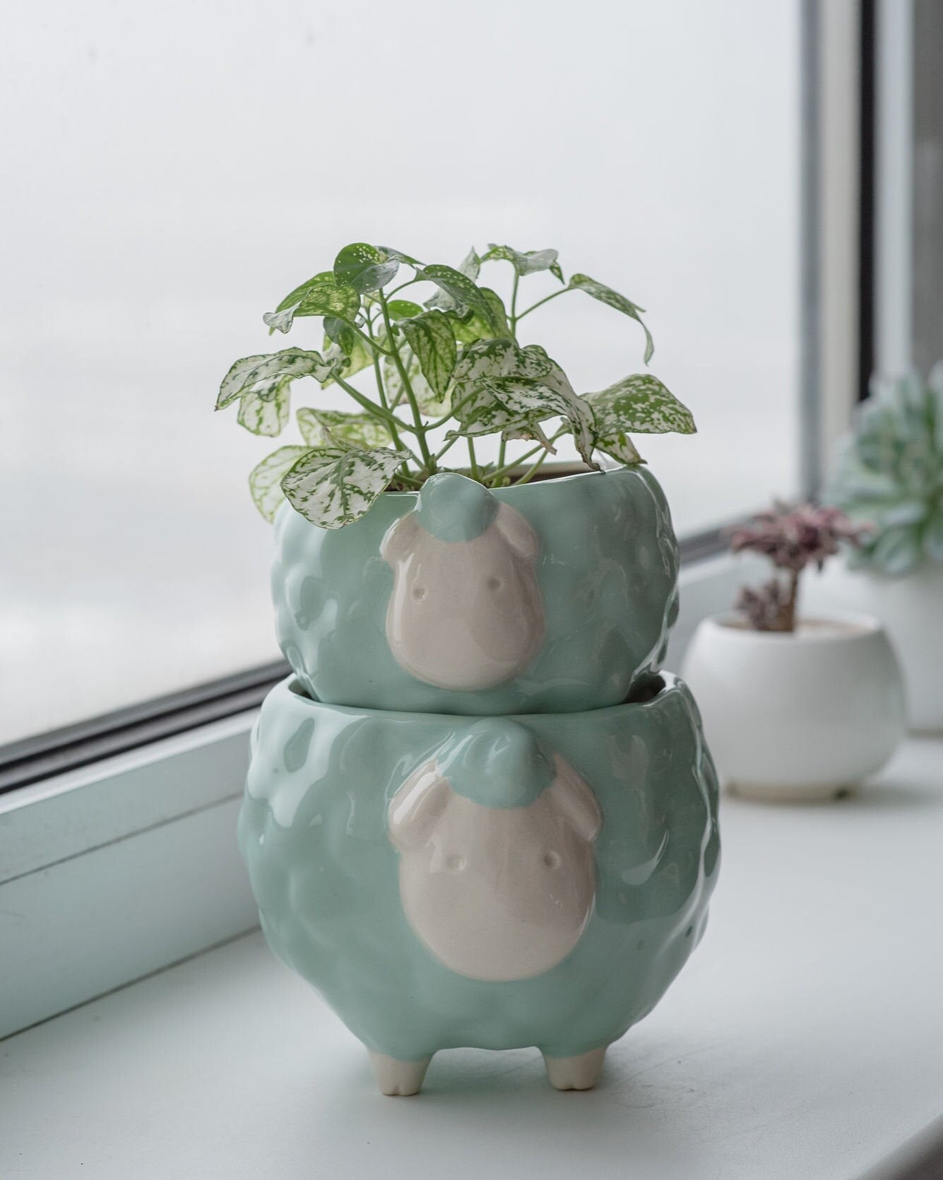 Sheep ceramic plant pot // Green animal planter // Small plant | Etsy