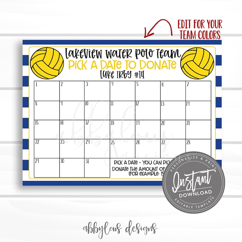 EDITABLE Water Polo Pick a Date to Donate Printable, Water Polo ...