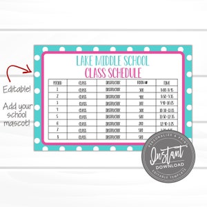 EDITABLE Class Schedule Printable, Aqua and Pink, Back to School, High ...