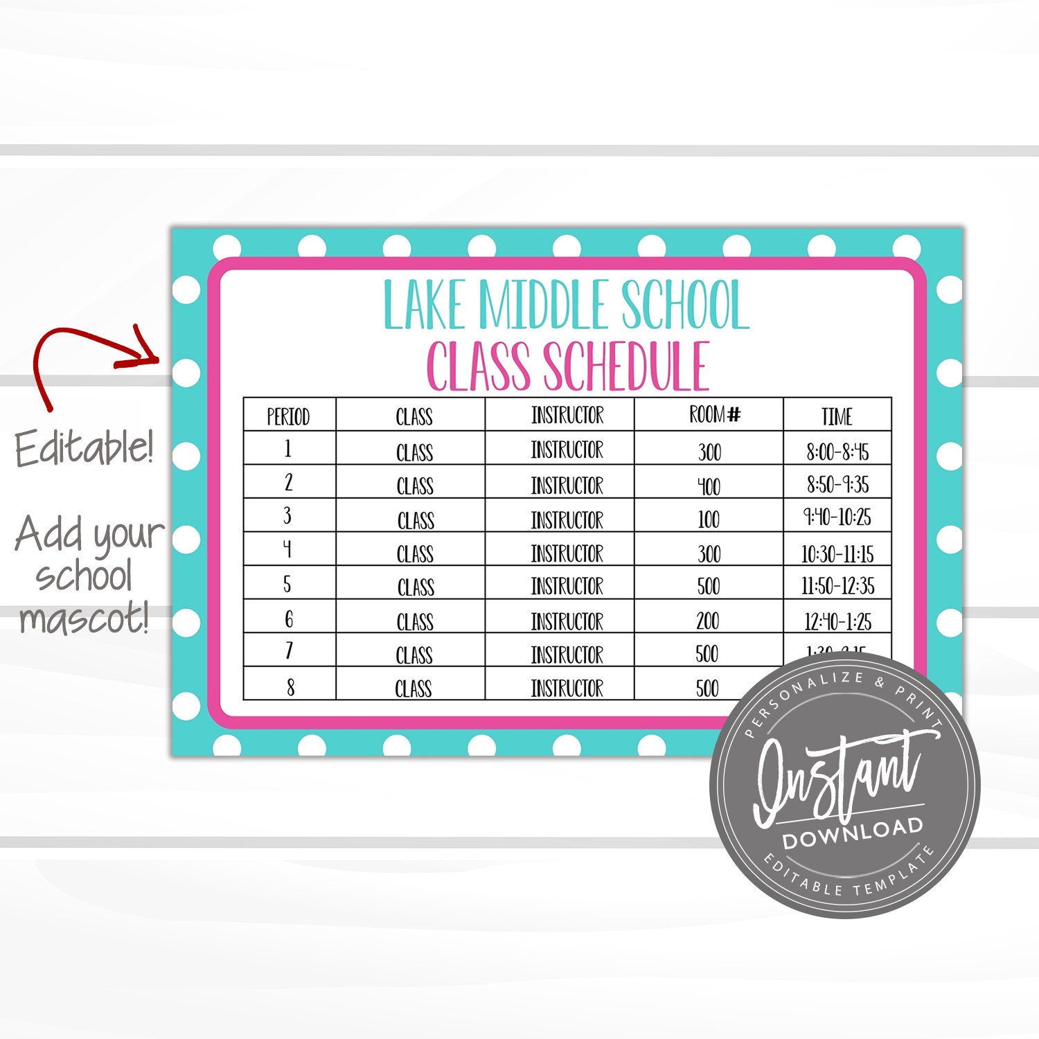 EDITABLE Class Schedule Printable Aqua and Pink Back to - Etsy