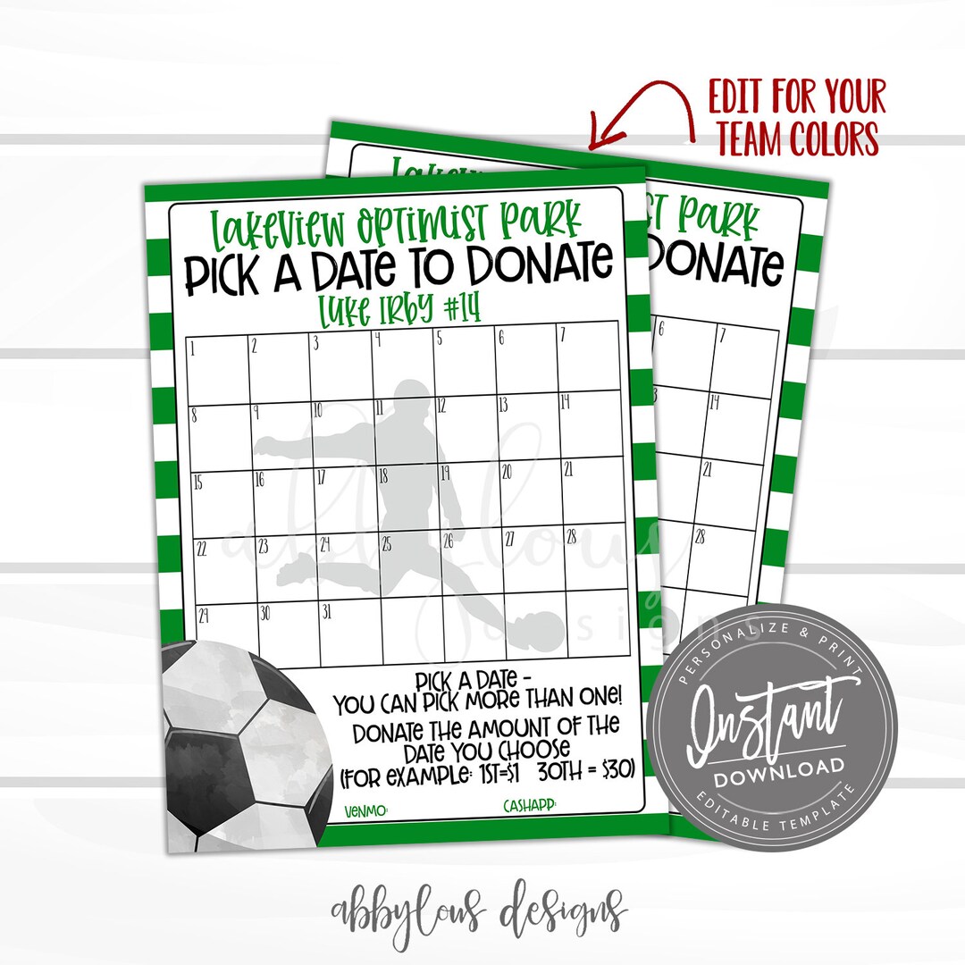 EDITABLE Soccer Pick a Date to Donate Printable, Soccer Fundraiser ...