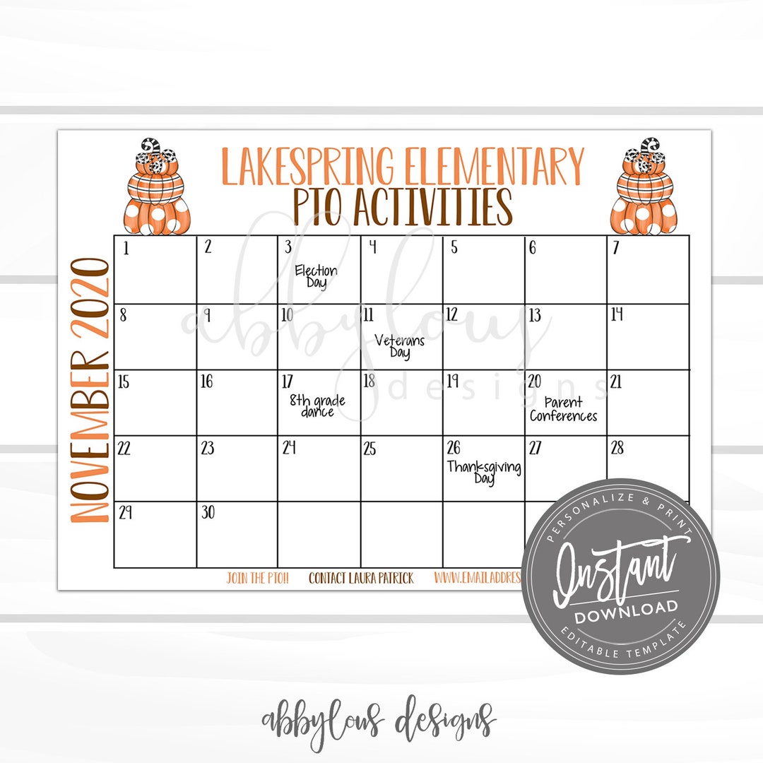 EDITABLE PTO Calendar, Printable November Calendar, Planner, Editable ...