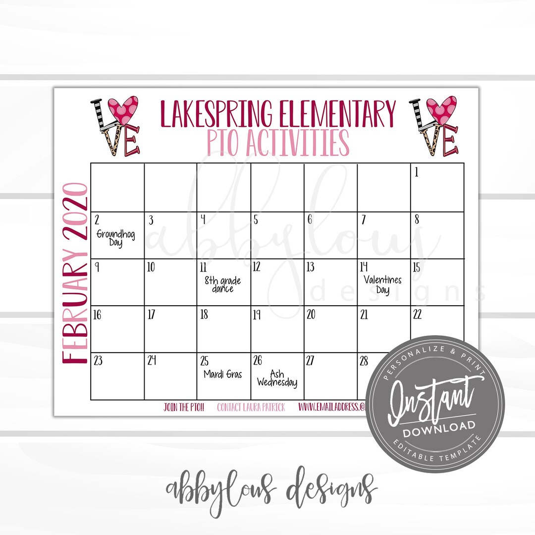 EDITABLE PTO Calendar, Printable February Calendar, Planner, Editable ...