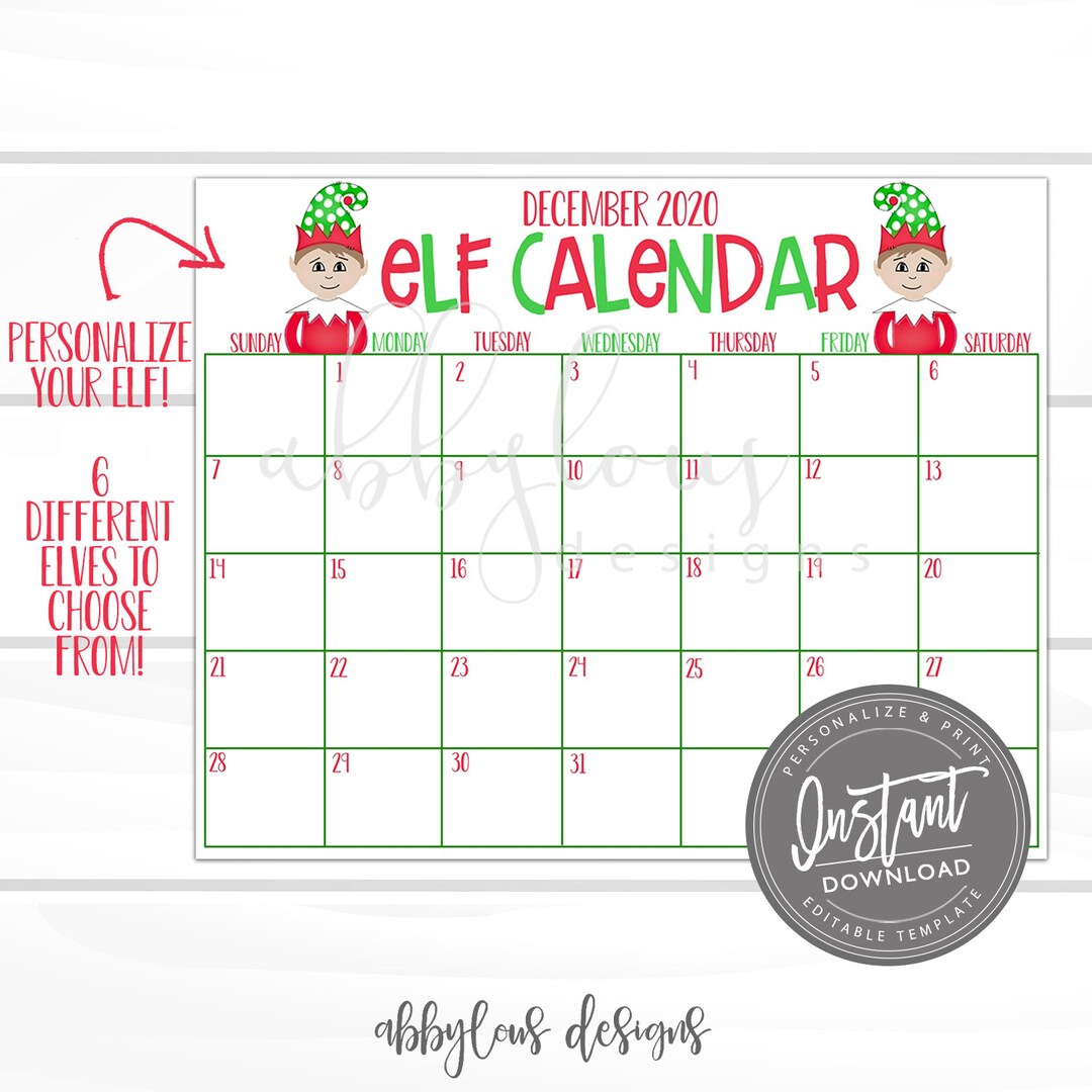 EDITABLE Elf Calendar, Printable Elf Calendar, Planner, Editable ...