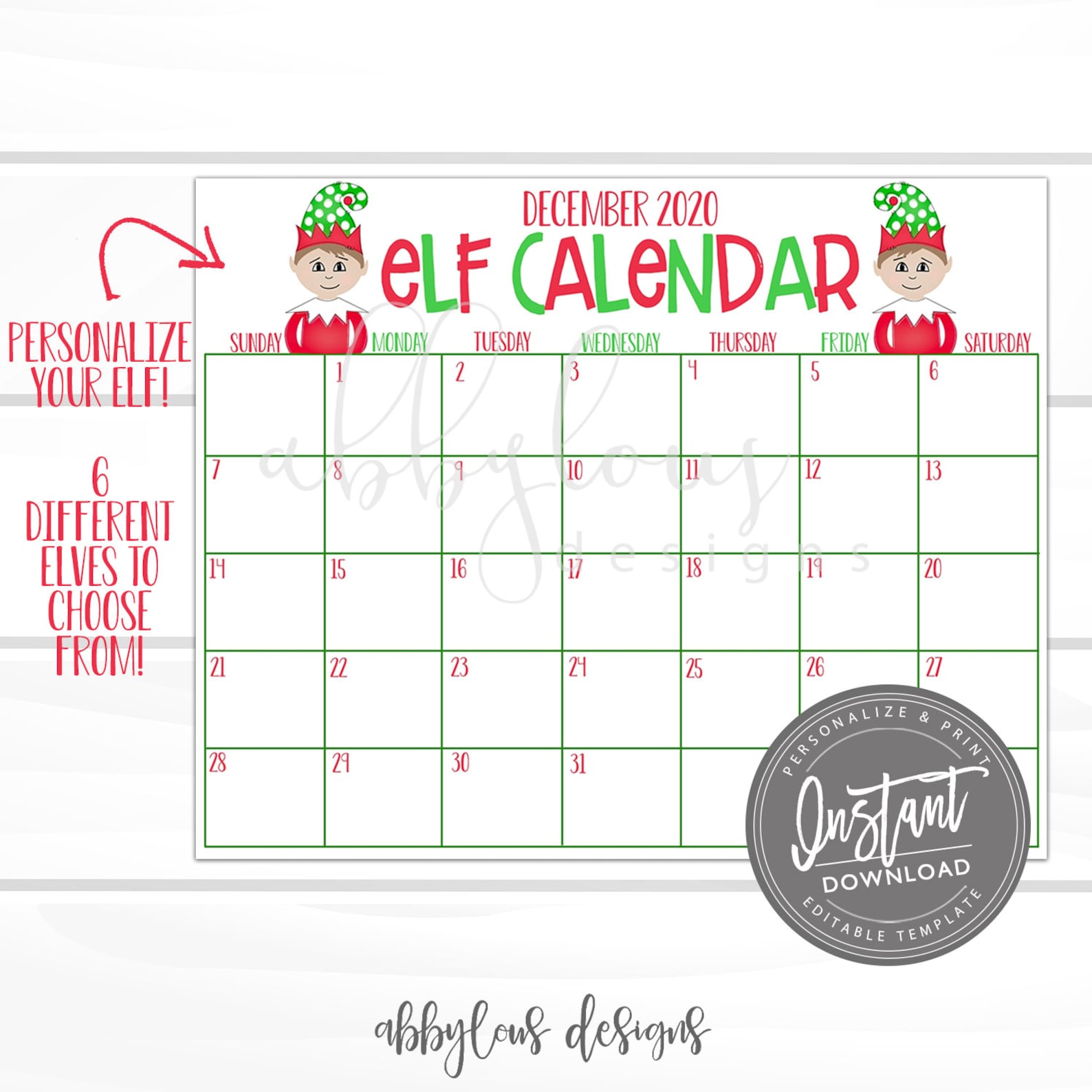 EDITABLE Elf Calendar Printable Elf Calendar Planner | Etsy