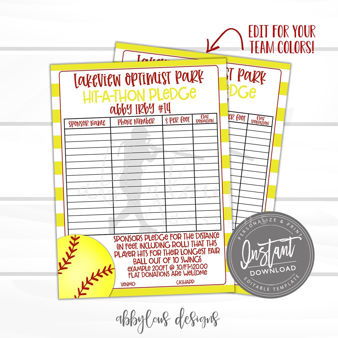 EDITABLE Softball Hit-a-thon Pledge Form Printable, Softball Fundraiser ...