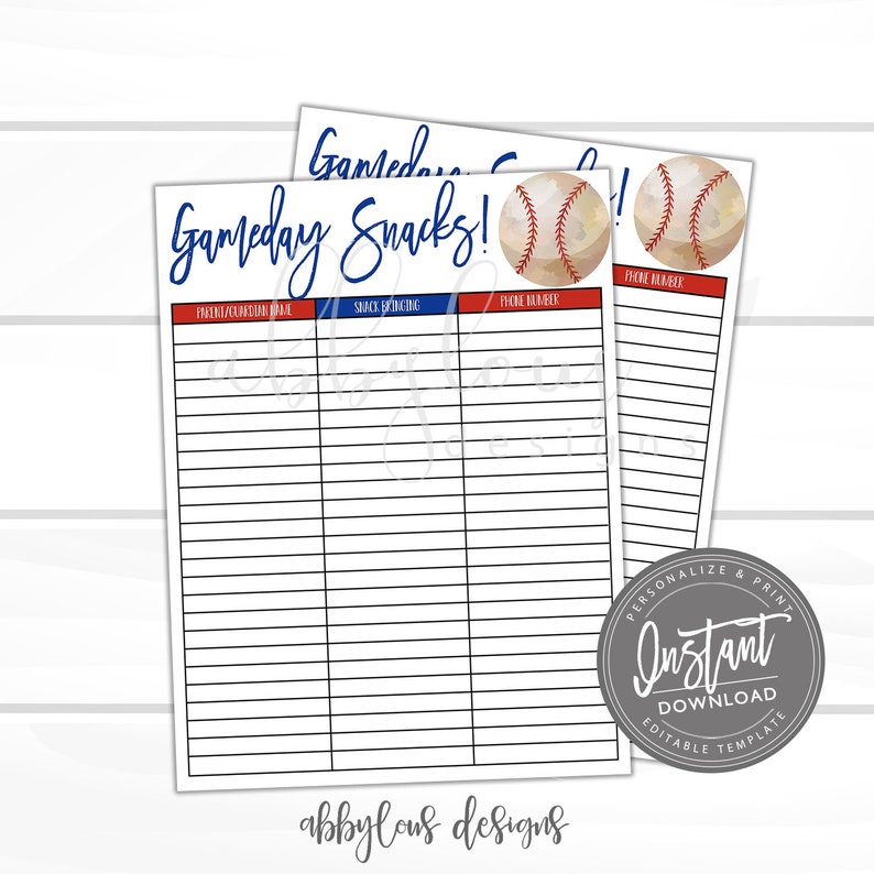 Baseball Snack Schedule Template