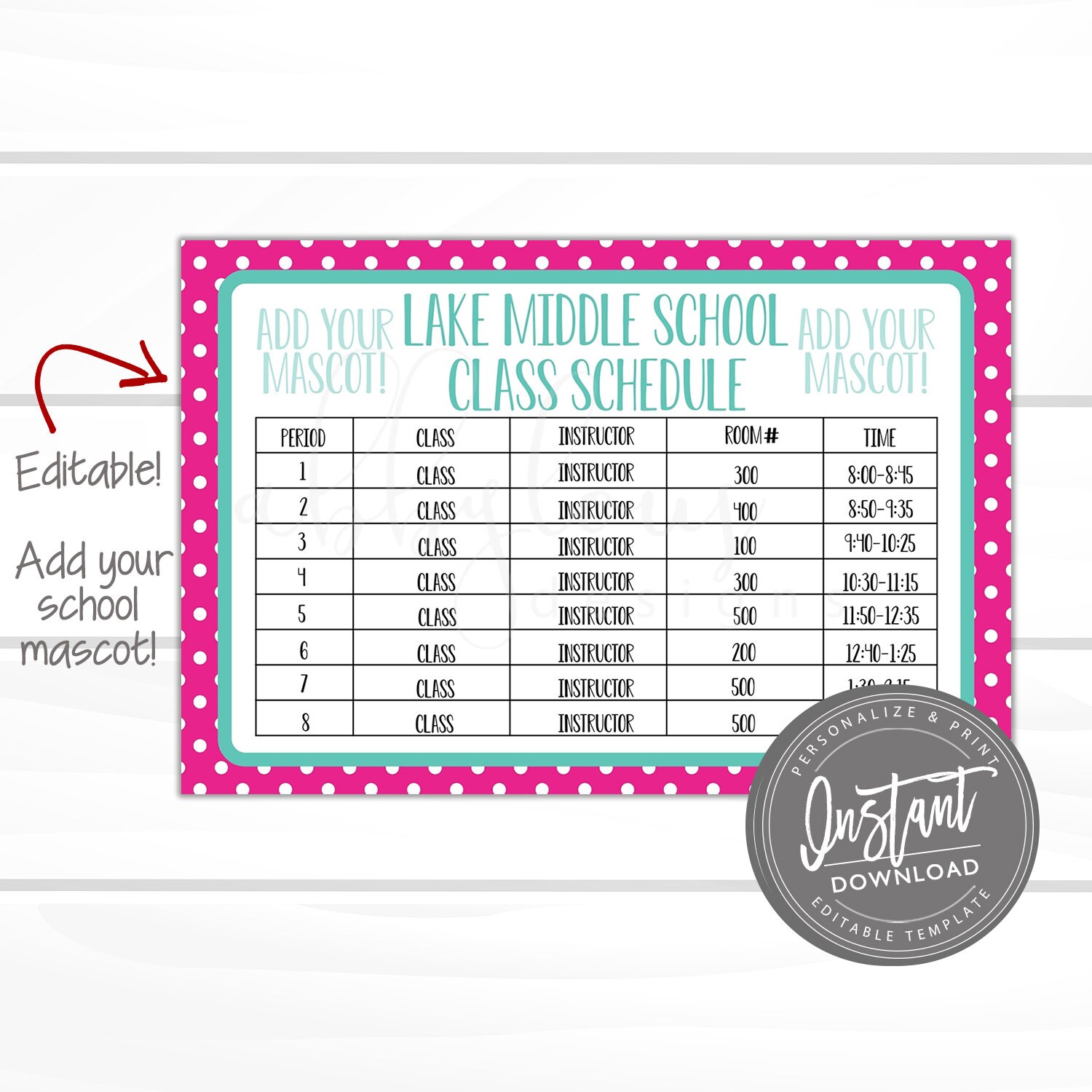 EDITABLE Class Schedule Printable, Pink Dots, Back to School, High ...