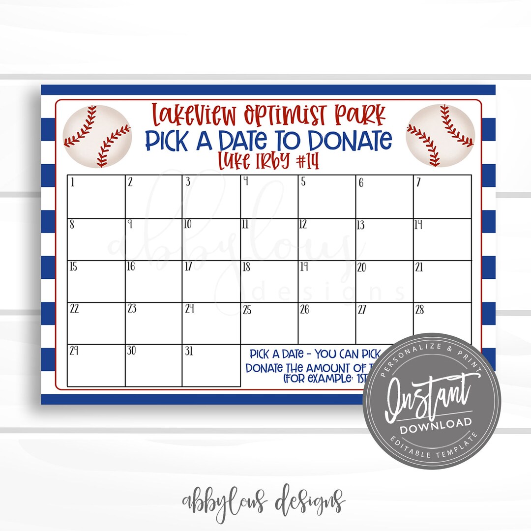 EDITABLE Baseball Pick A Date To Donate Printable Baseball Fundraiser 
