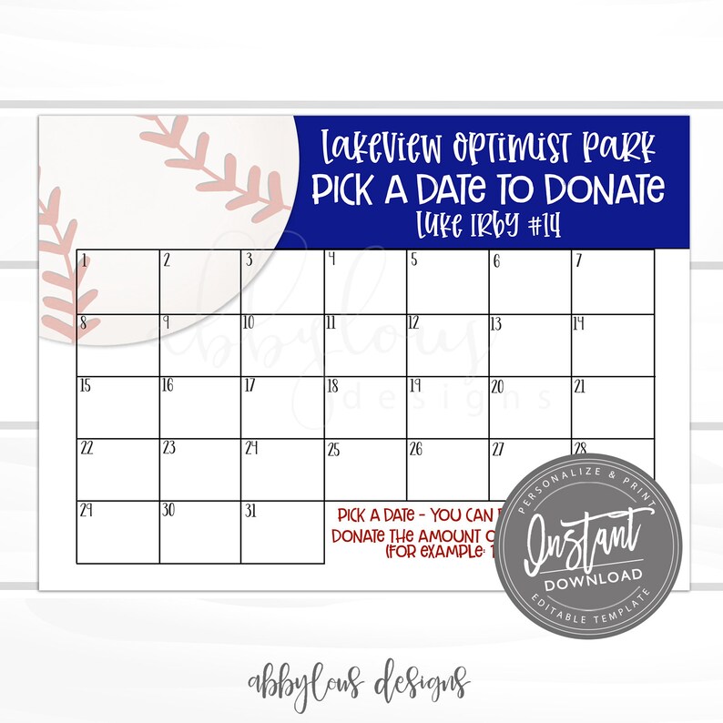EDITABLE Baseball Fundraiser Calendar Pick A Date To Donate Etsy EDITABLE Baseball Fundraiser Calendar Pick A Date To Donate Etsy