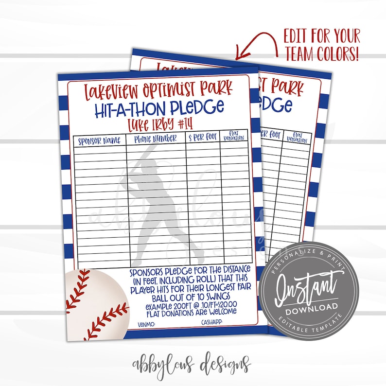 EDITABLE Baseball Hit-a-thon Pledge Sheet Printable, Baseball ...