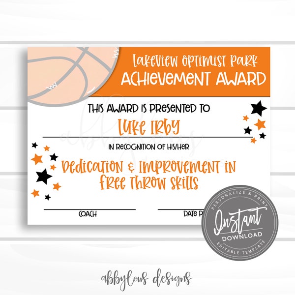 Basketball Certificate - Etsy