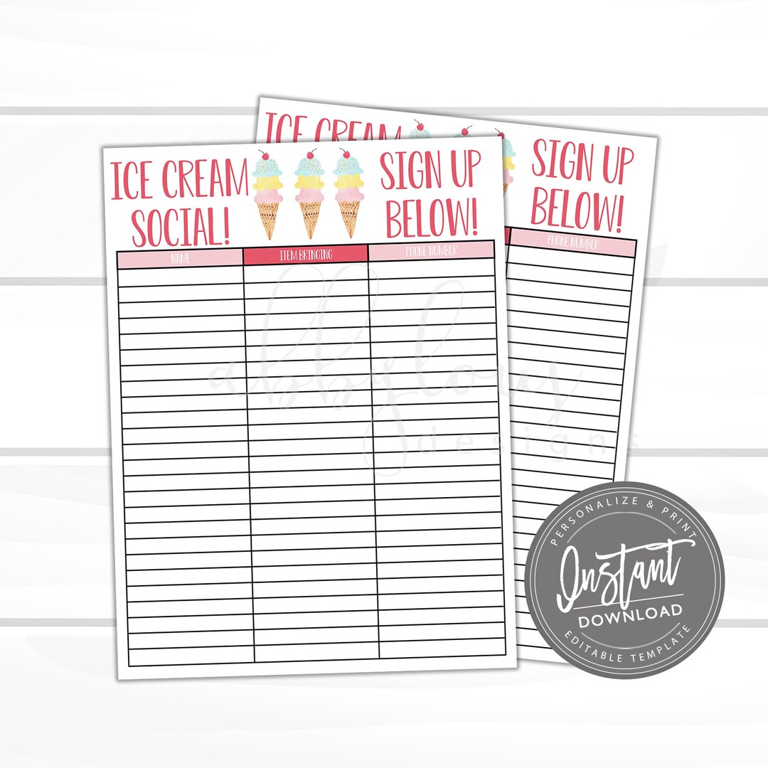 EDITABLE Ice Cream Social Volunteer Printable, PTO/PTA Sign up Sheet ...
