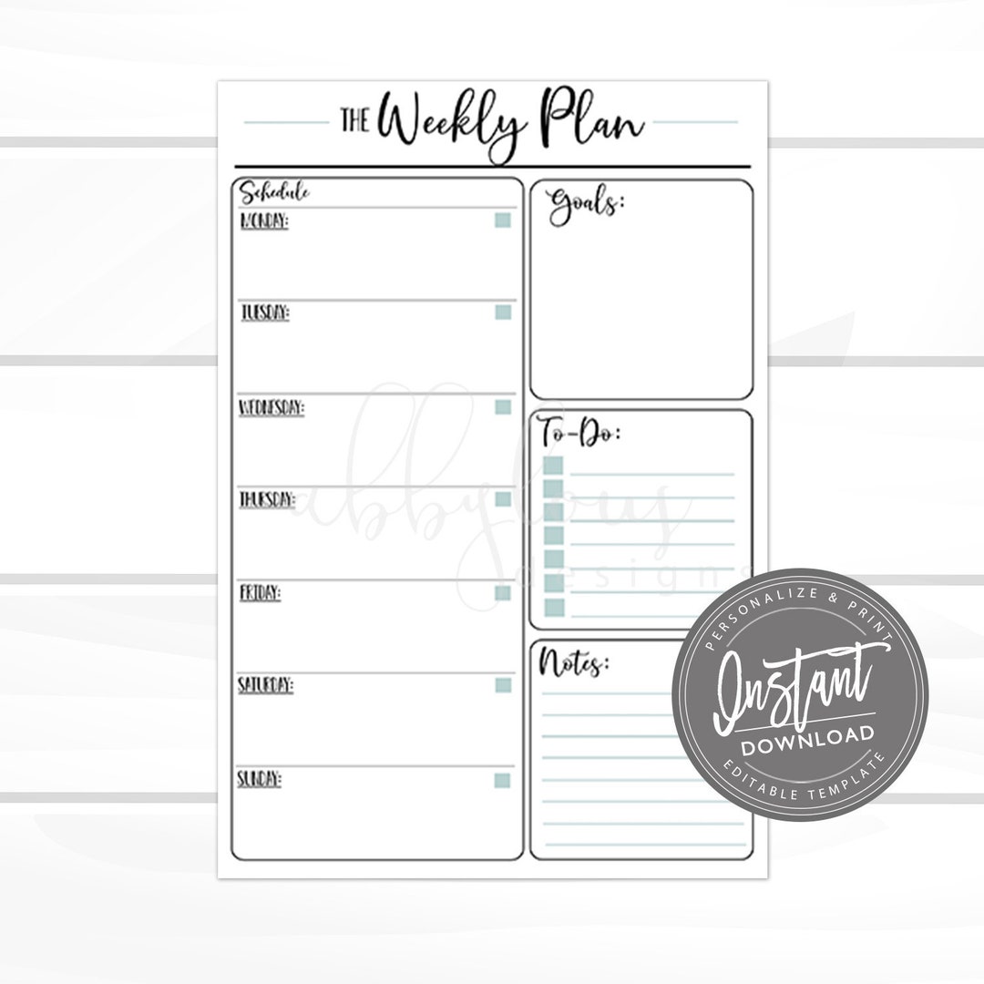 EDITABLE Weekly Plan, Printable Week by Week, Planner, Editable Weekly ...
