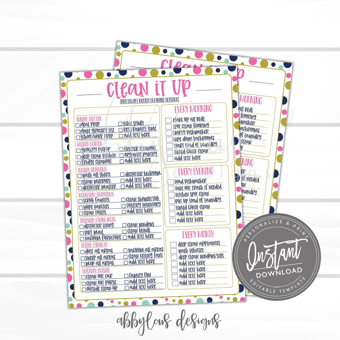 EDITABLE Printable Cleaning Checklist Schedule, Personalized Weekly ...
