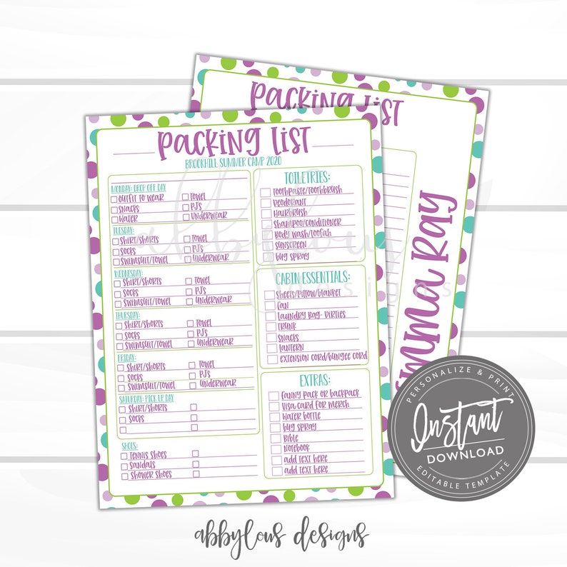EDITABLE Summer Camp Packing Checklist Personalized Summer | Etsy