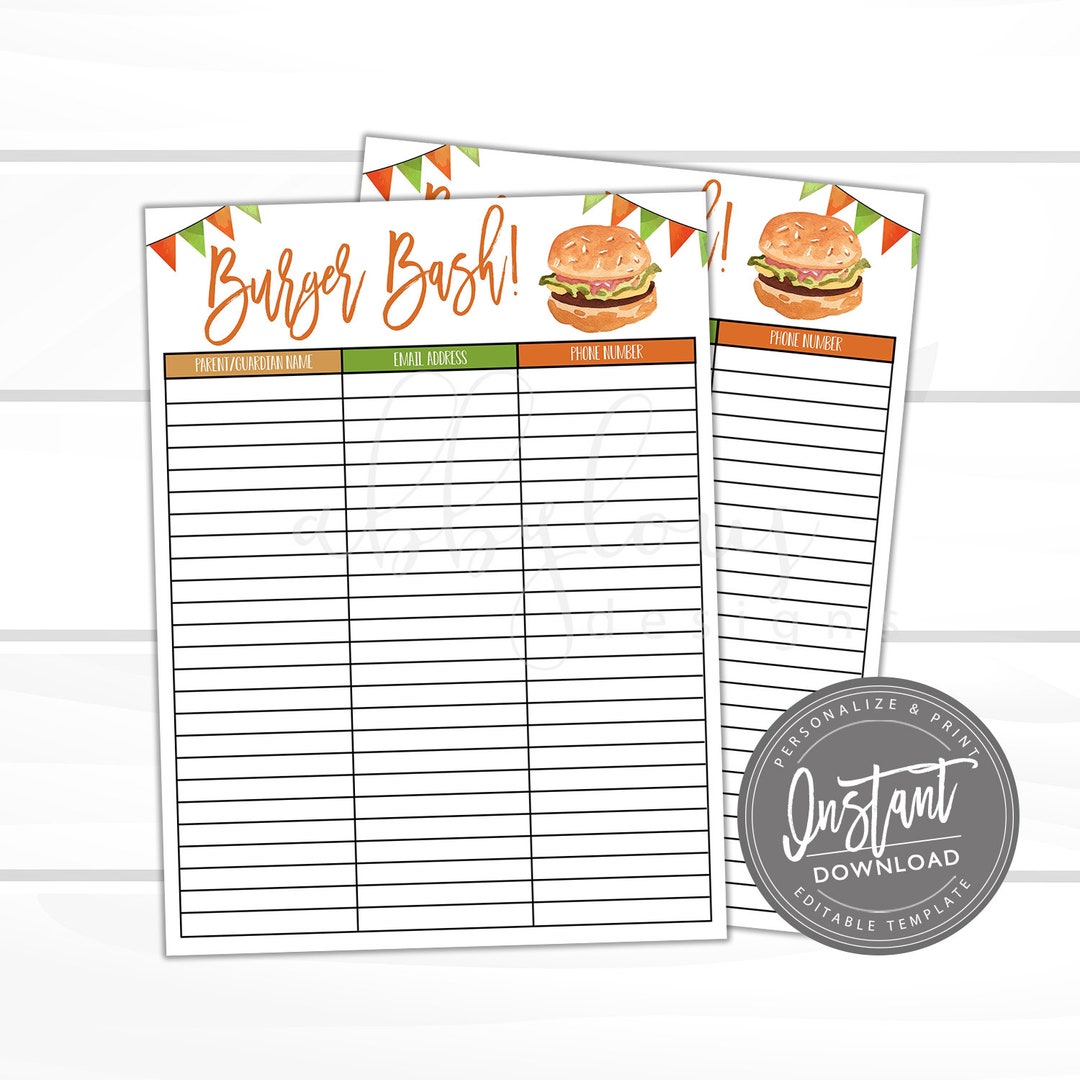 EDITABLE Burger Bash Volunteer Printable, PTO/PTA Sign up Sheet ...