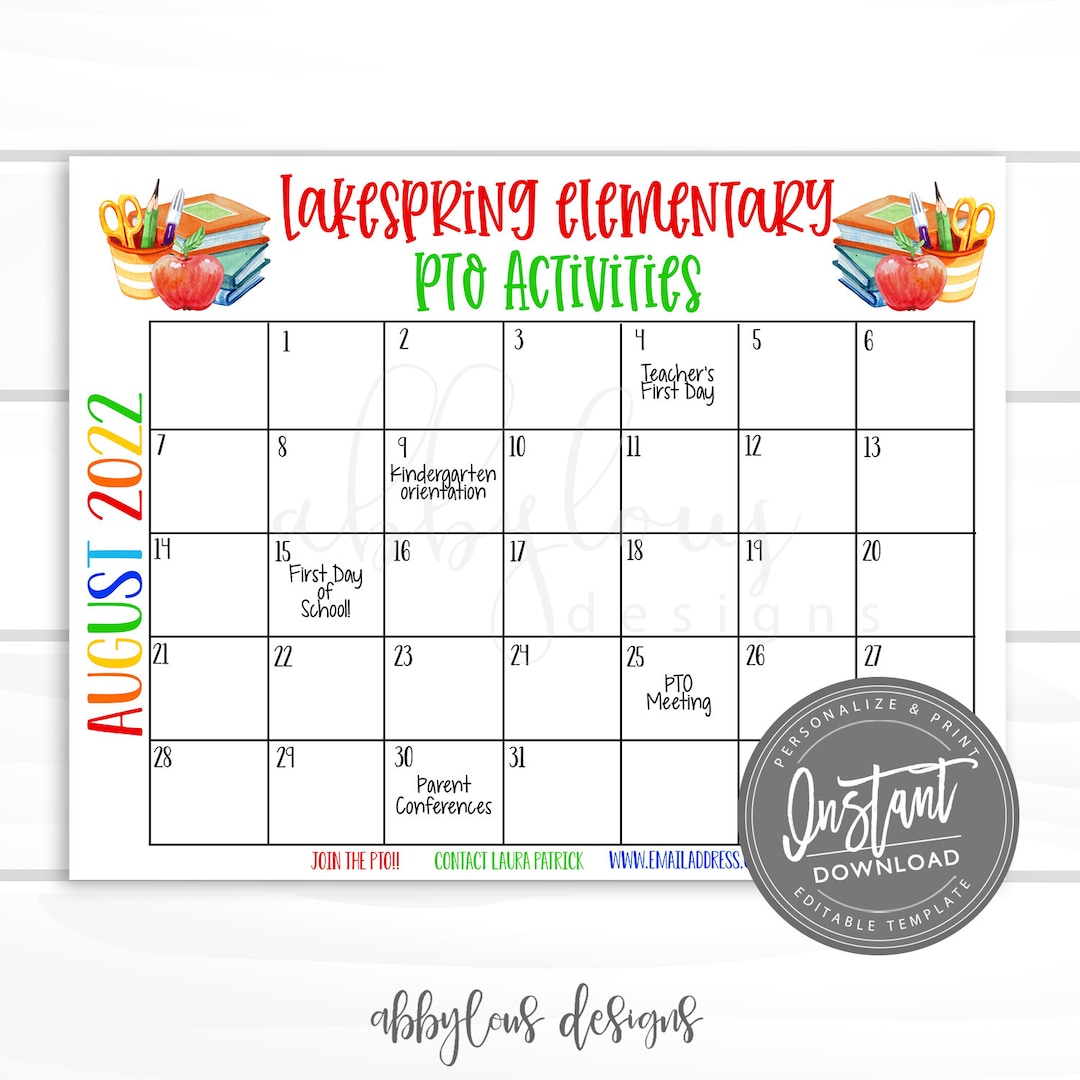 EDITABLE PTO Calendar, Printable August Calendar, Planner, Editable ...