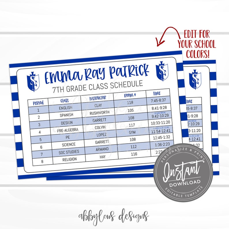 EDITABLE Class Schedule Printable, School Schedule, High School ...