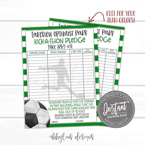EDITABLE Soccer Kick-a-thon Pledge Sheet Printable, Soccer Fundraiser ...