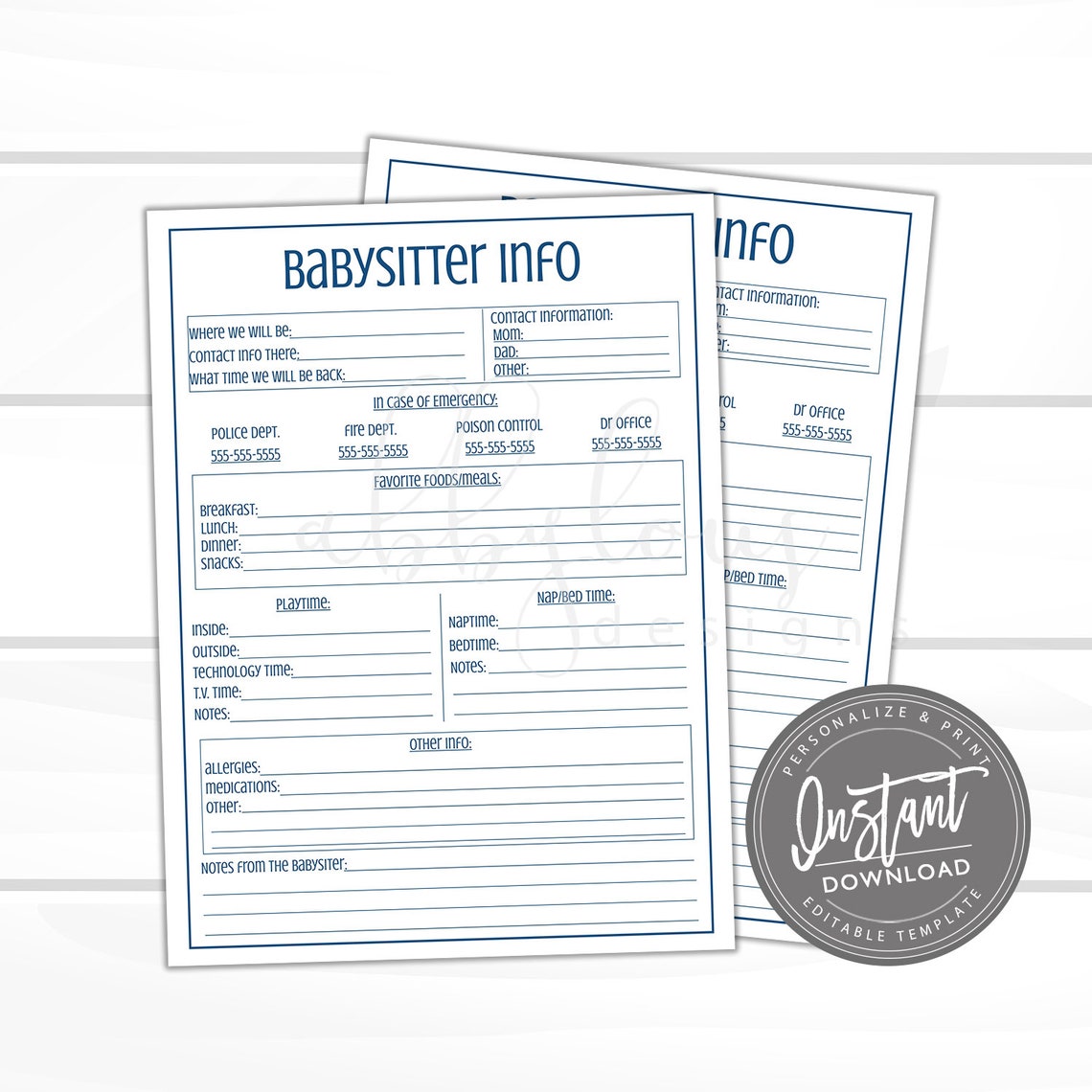 EDITABLE Babysitter Information Printable, Babysitter Info, Editable ...
