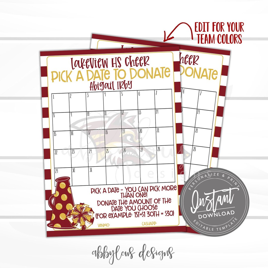 EDITABLE Cheer Pick a Date to Donate Printable, Cheerleader Fundraiser ...