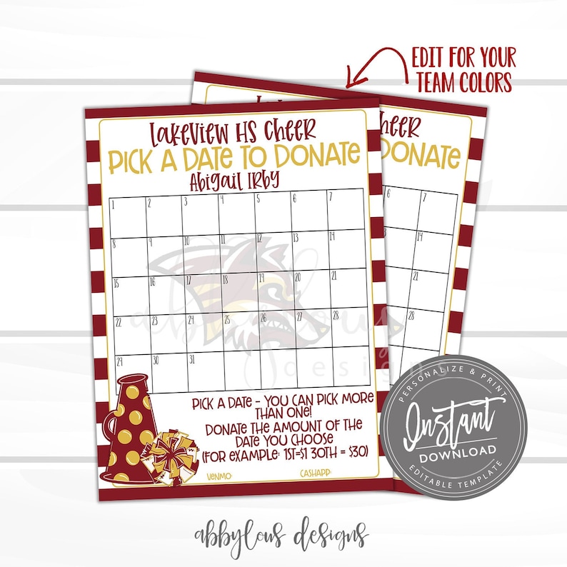EDITABLE Cheer Pick a Date to Donate Printable Cheerleader - Etsy