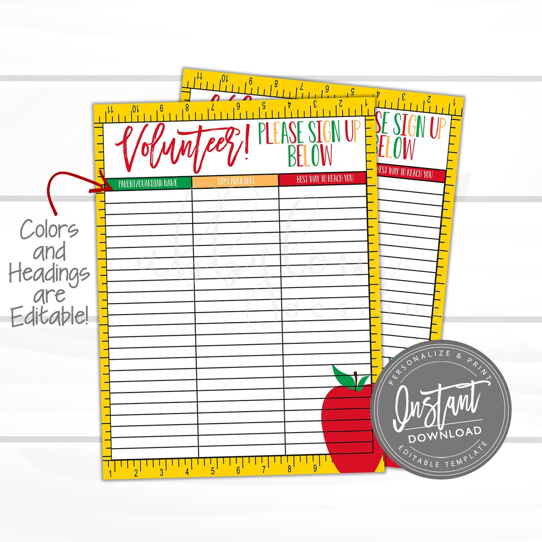 EDITABLE Teacher Volunteer Printable, PTO/PTA Sign up Sheet, Editable ...