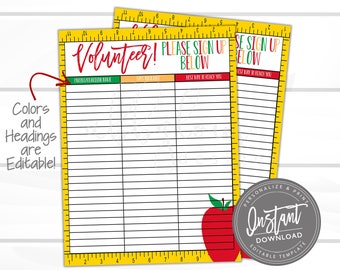 EDITABLE Teacher Volunteer Printable, PTO/PTA Sign up Sheet, Editable ...