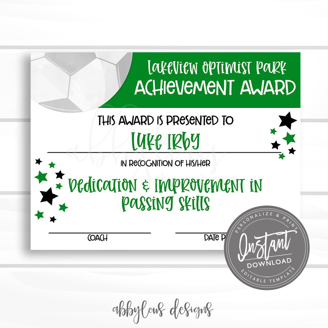 EDITABLE Soccer Award Certificate Printable Soccer Award - Etsy