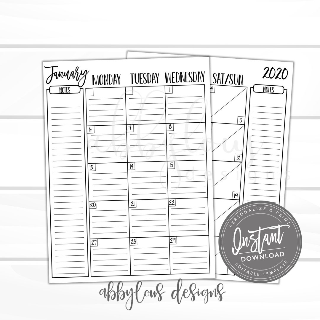 EDITABLE Calendar, Printable Two Page Calendar, Planner, Editable ...