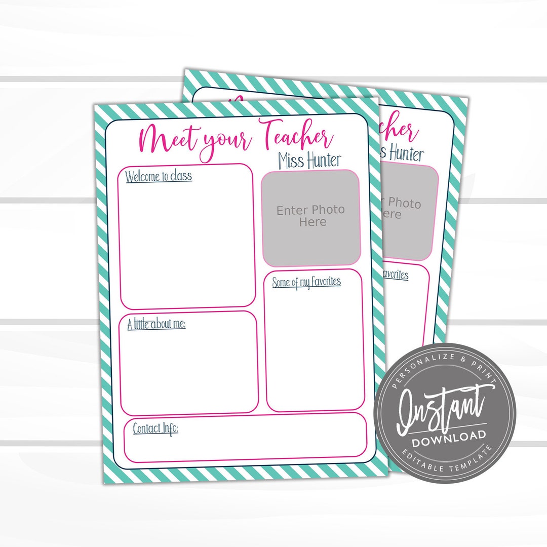 EDITABLE Meet Your Teacher Printable, Turquoise Stripe Teacher ...
