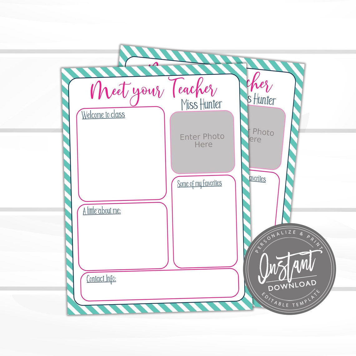EDITABLE Meet Your Teacher Printable Turquoise Stripe Teacher - Etsy