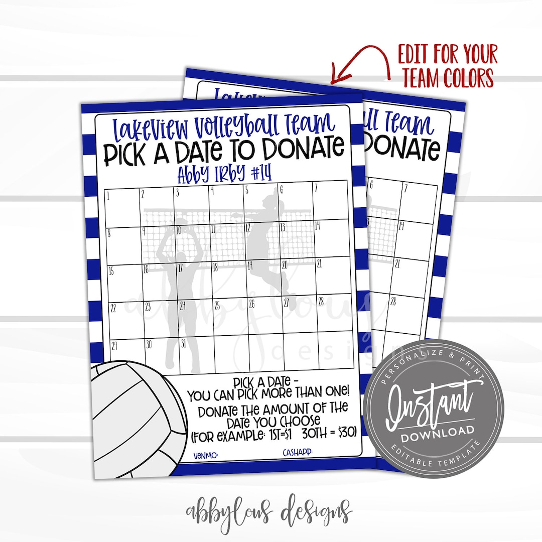 EDITABLE Volleyball Pick a Date to Donate Printable, Volleyball ...