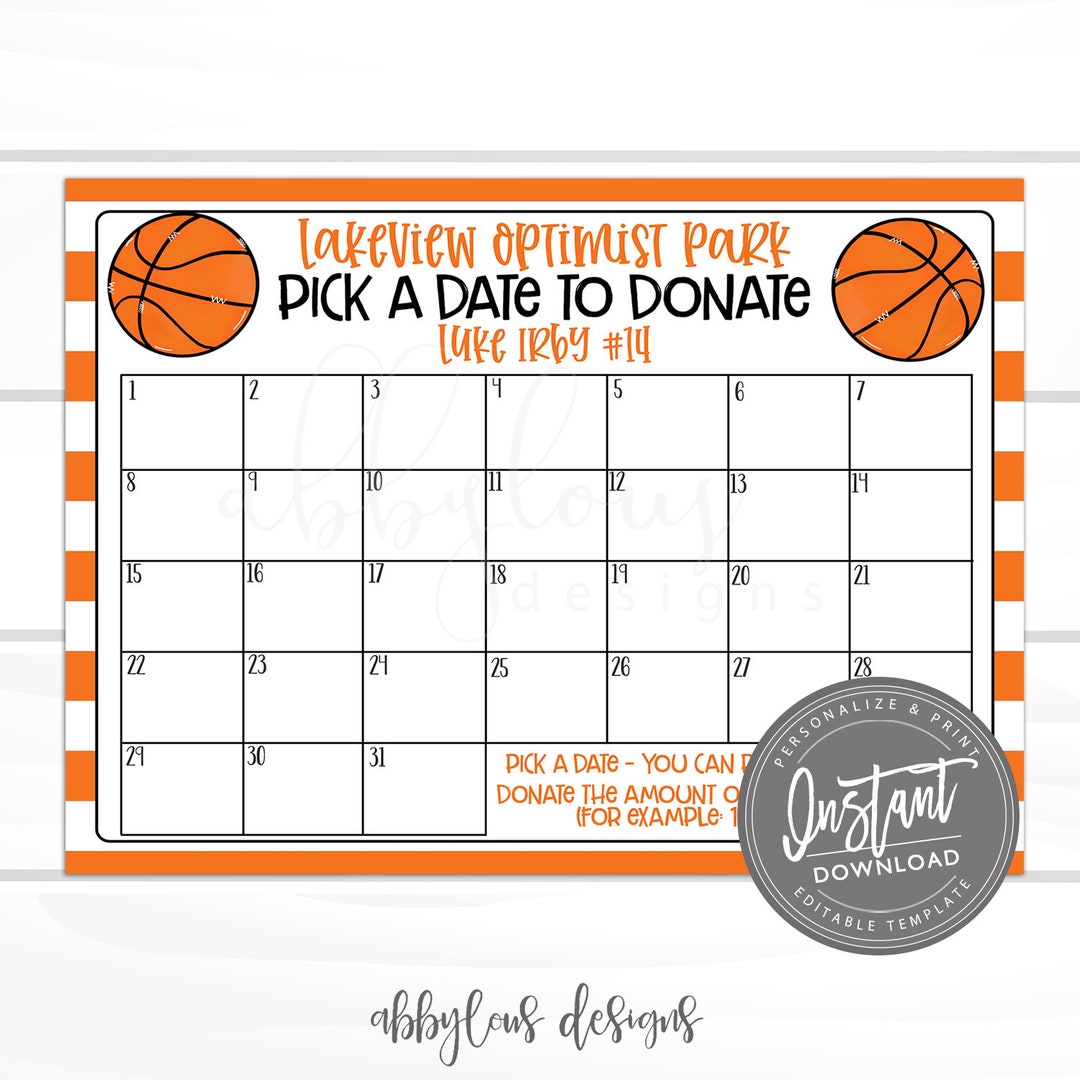 EDITABLE Basketball Pick a Date to Donate Printable, Basketball ...