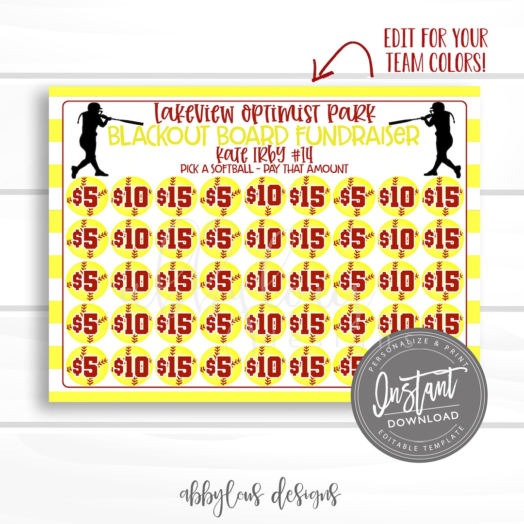 EDITABLE Softball Blackout Fundraiser Printable, Softball Fundraiser ...