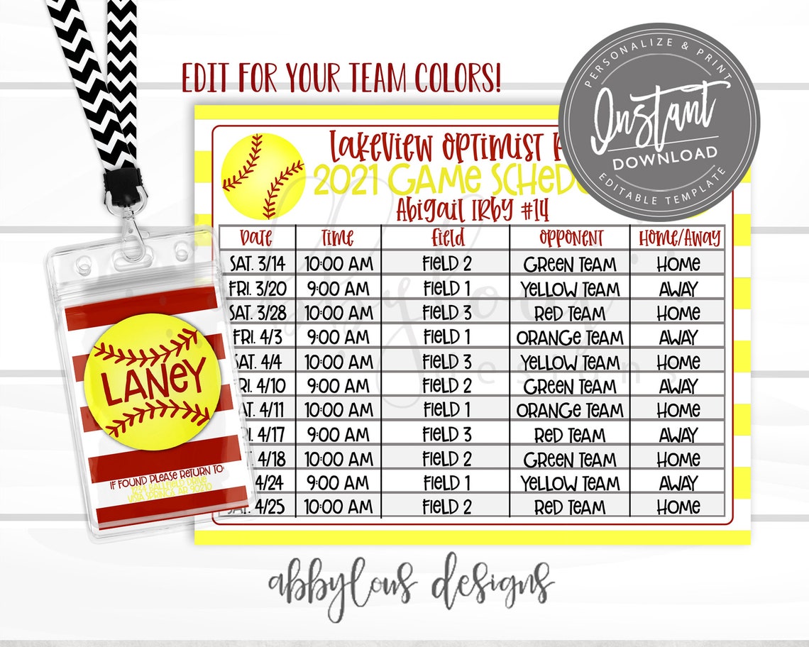 EDITABLE Softball Game Schedule Printable, Practice Schedule, Summer ...