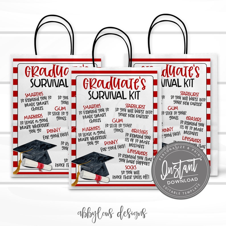 EDITABLE Graduation Survival Kit Printable Gift Bag - Etsy UK